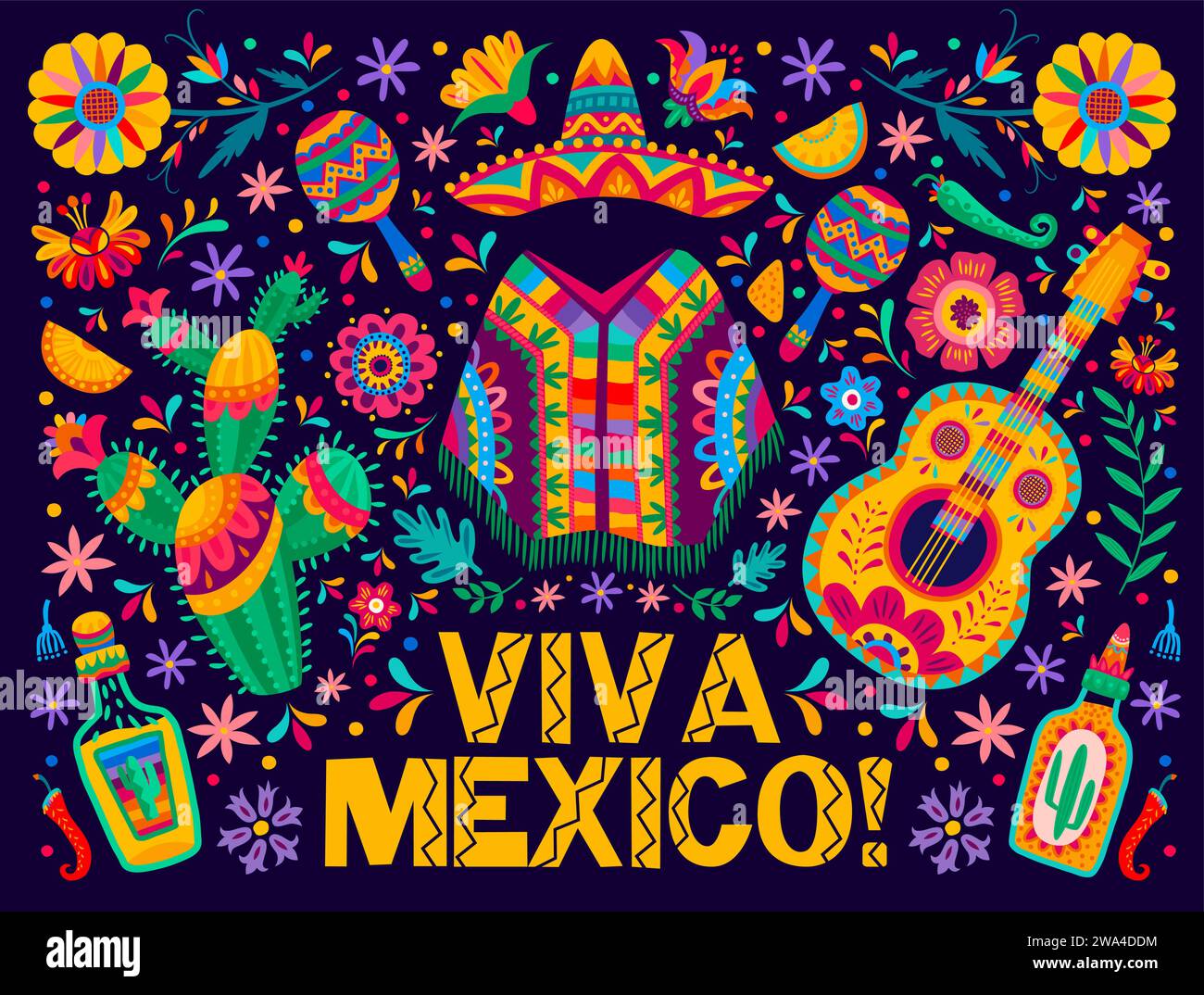 Viva Mexico banner with sombrero, guitar and poncho, Mexican holiday ...