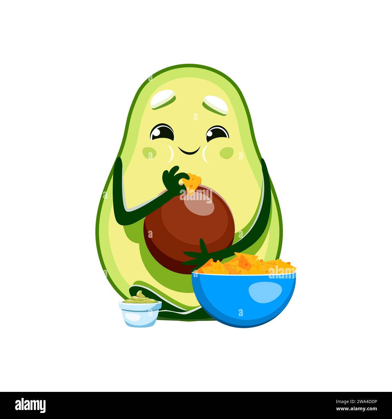 Cartoon avocado character eating nachos chips, vector emoji emoticon ...