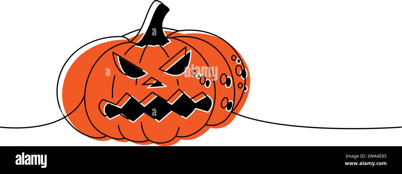 Halloween pumpkin with scary face, vegetable one line colored ...