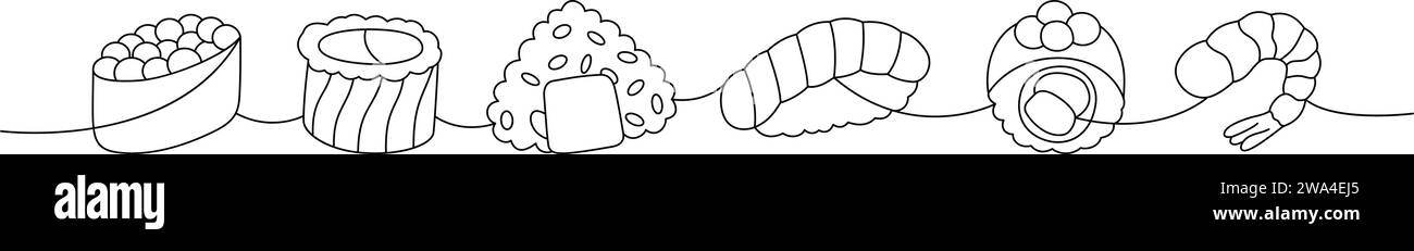 Sushi set. Japanese cuisine, traditional food one line drawing. Ikura ...