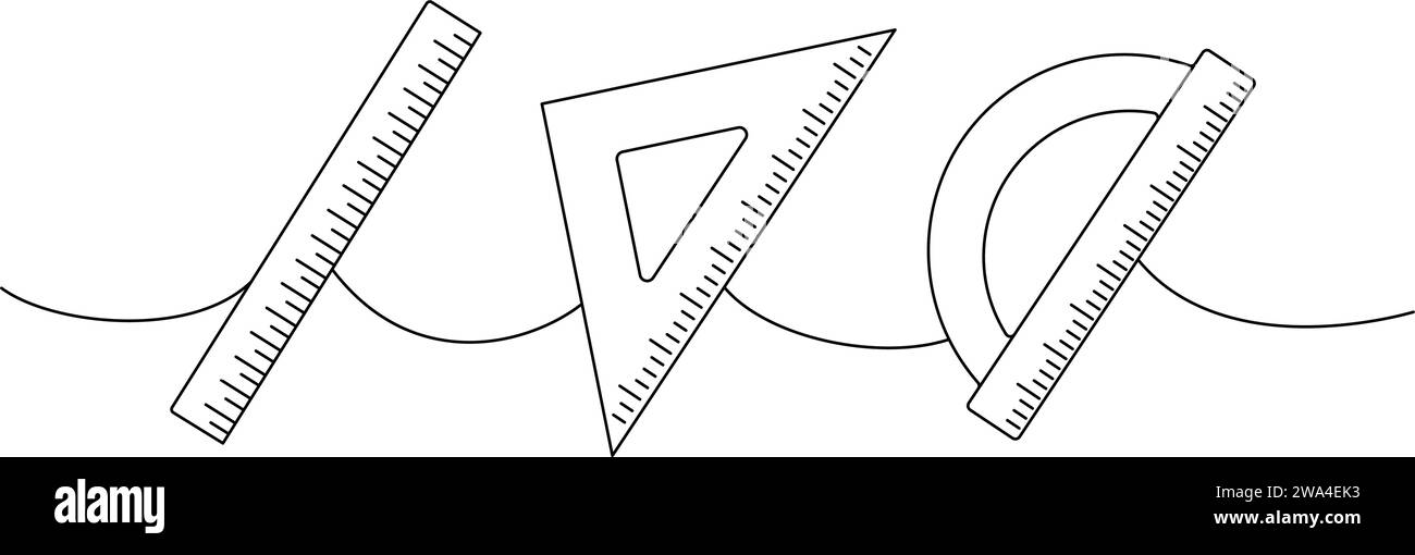 Set of school supplies. Back to school one line drawing. Ruler scale ...