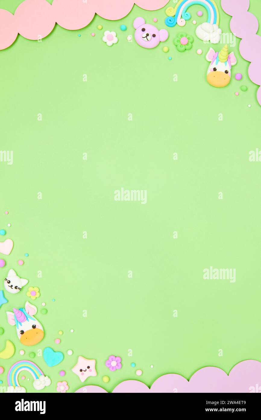pastel green kawaii flyer background with cute cartoon animals ...