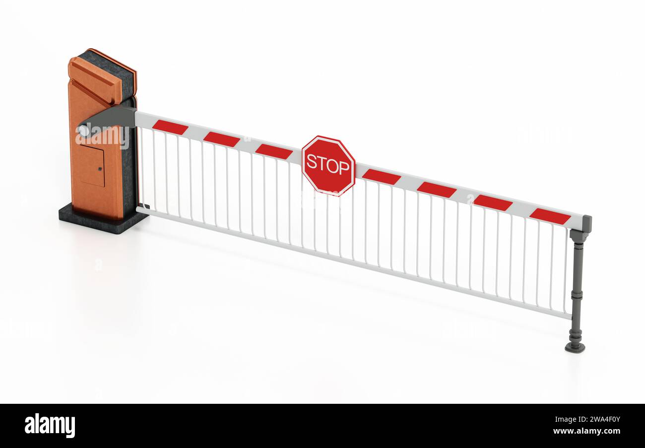 Closed automatic car barrier system isolated on white background. 3D ...