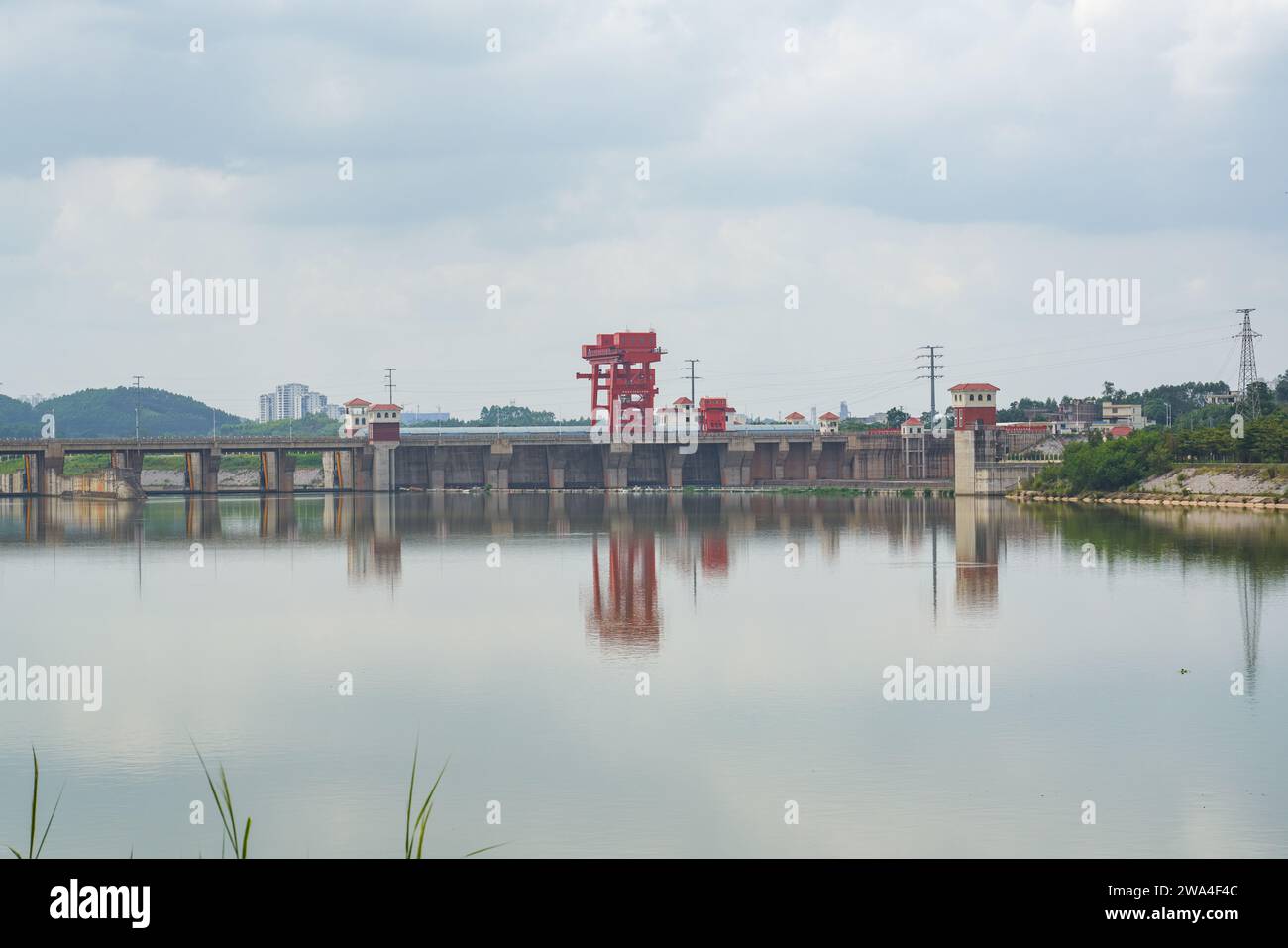 Close-up of a large dam on a river, water conservancy project facility ...