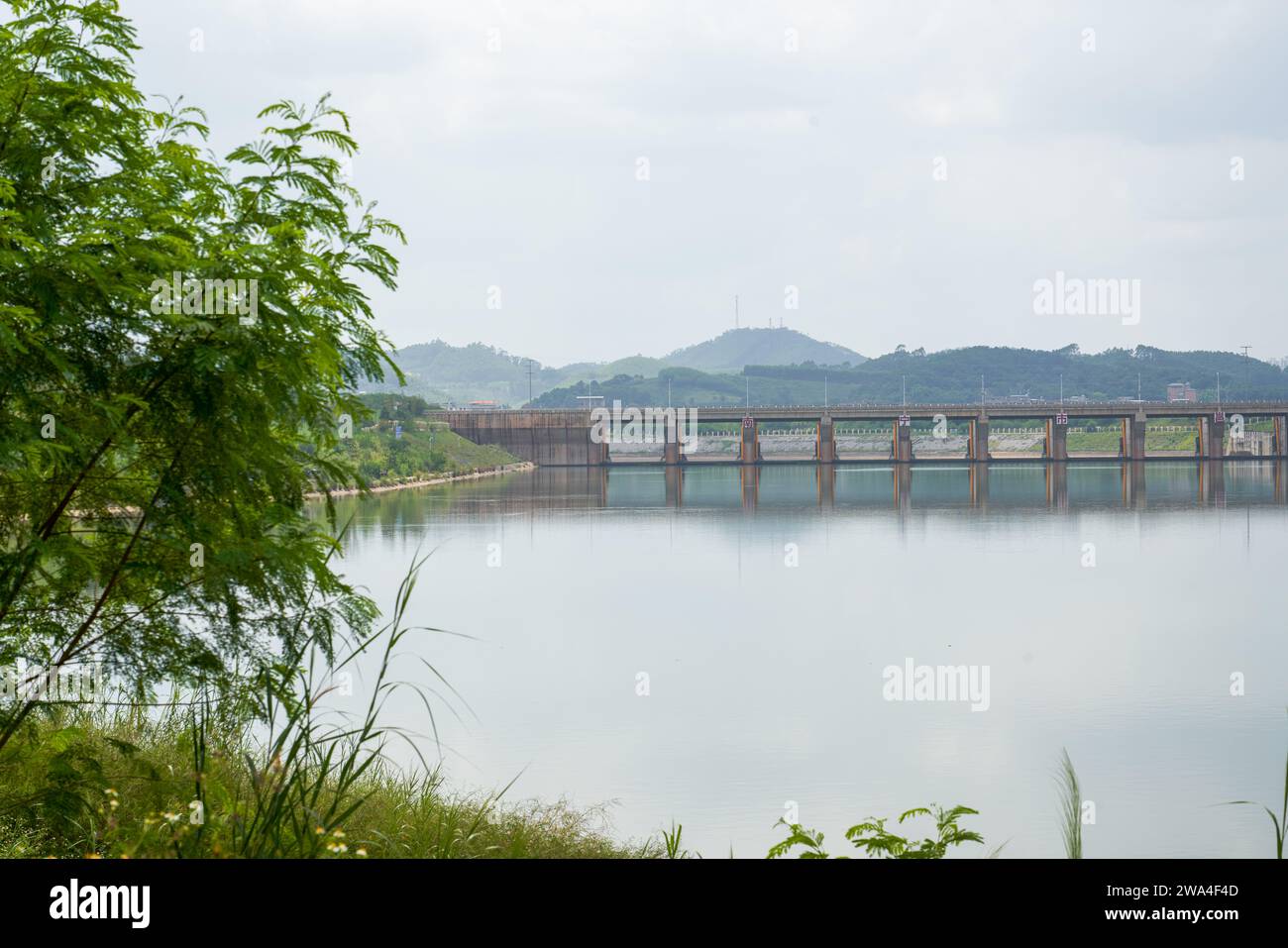 Close-up of a large dam on a river, water conservancy project facility ...