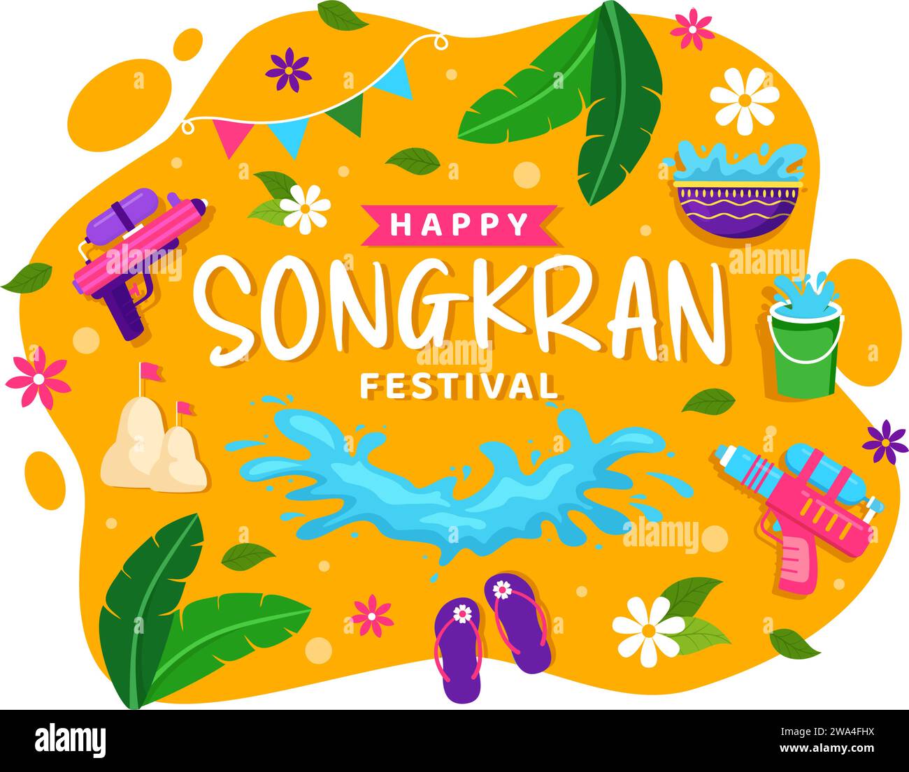 Happy Songkran Festival Day Vector Illustration with Kids Playing Water ...