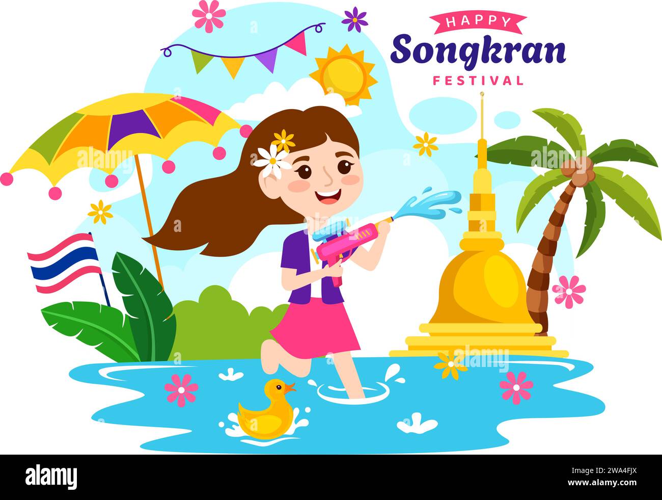 Happy Songkran Festival Day Vector Illustration with Kids Playing Water ...