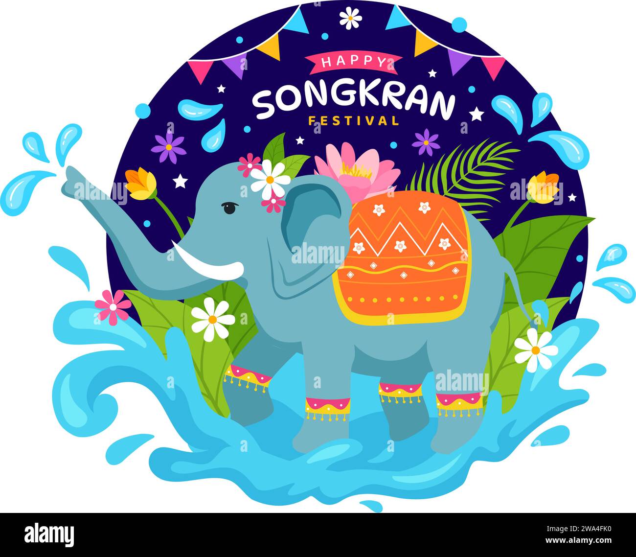 Happy Songkran Festival Day Vector Illustration with Kids Playing Water ...