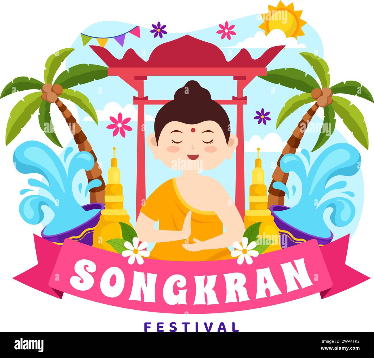 Happy Songkran Festival Day Vector Illustration with Kids Playing Water ...
