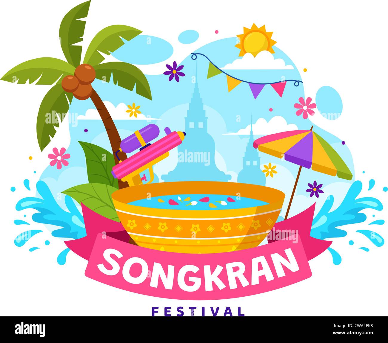 Happy Songkran Festival Day Vector Illustration with Kids Playing Water ...