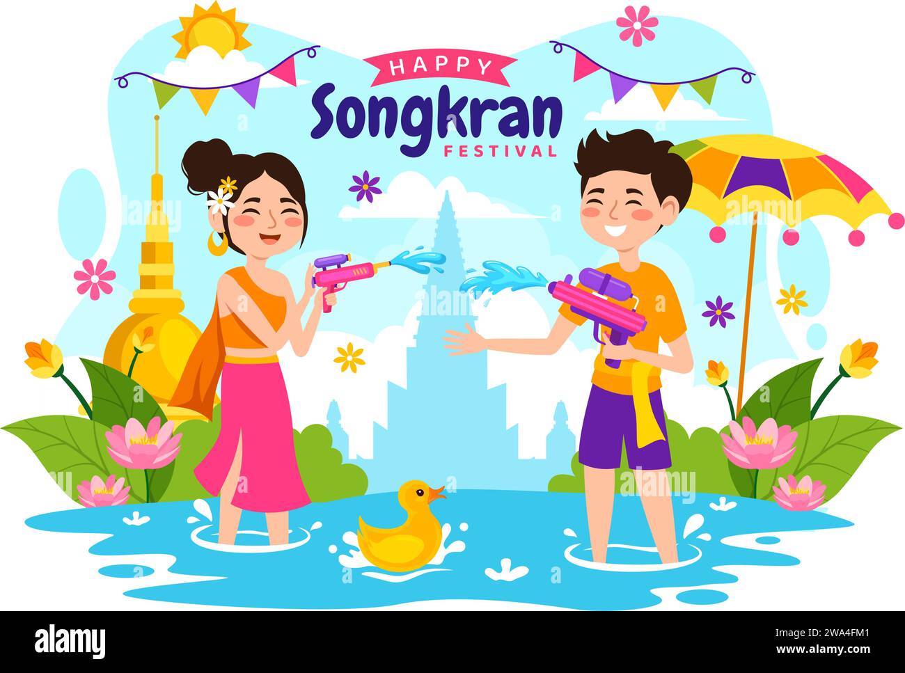 Happy Songkran Festival Day Vector Illustration with Kids Playing Water ...