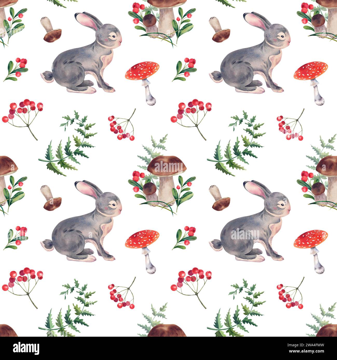Pattern with rabbit, cranberries, cranberries, viburnum, fly agarics ...