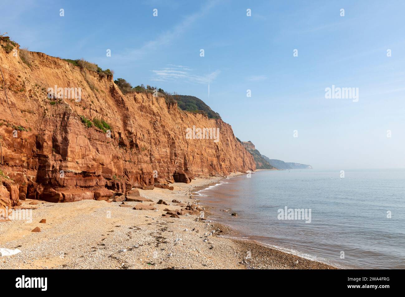 Jurassic coastline at Sidmouth on south coast of Devon, red sandstone ...