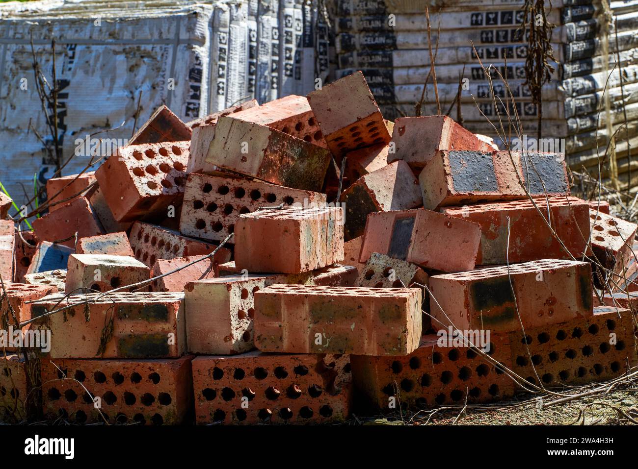 Building bricks stacked outdoors in the countryside Stock Photo - Alamy