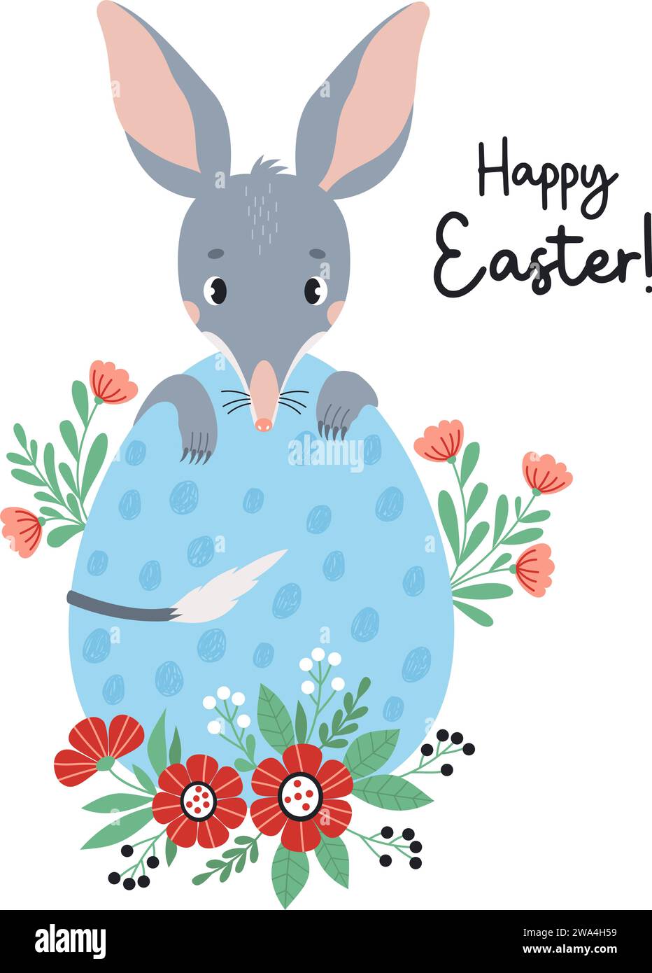 Cute bilby with big Easter egg and flowers. Australian animal is wild ...