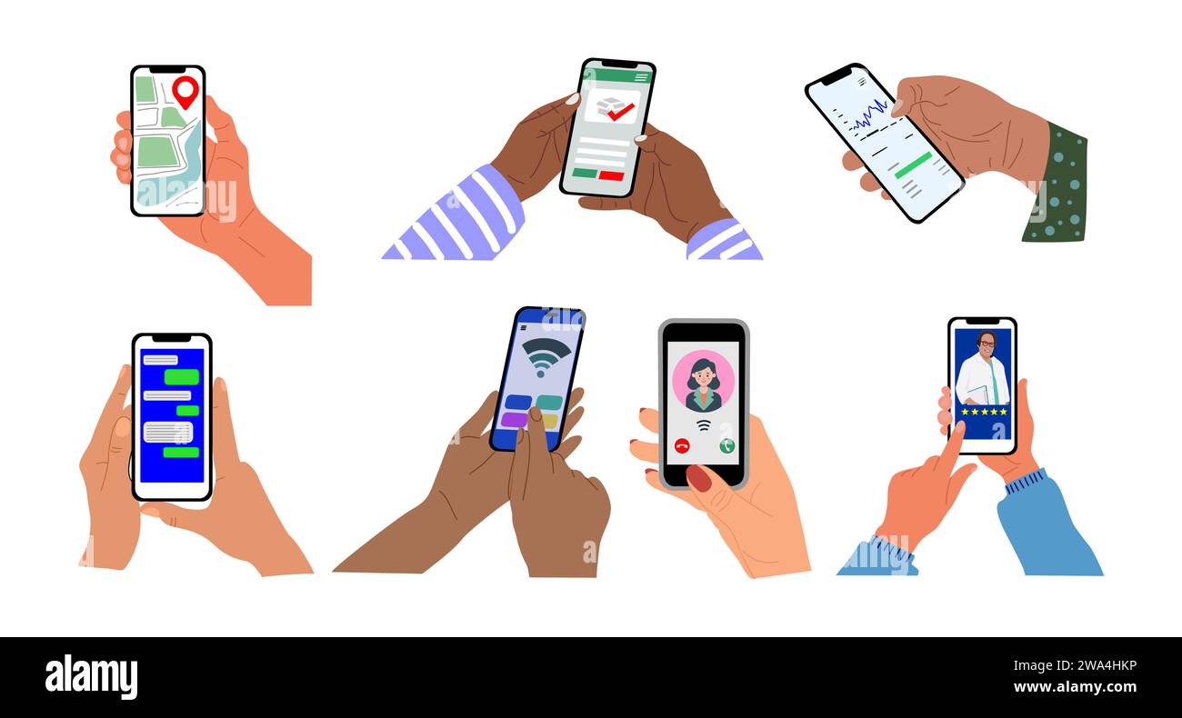 Diverse Hands holding smart phone with mobile apps Stock Vector Image ...