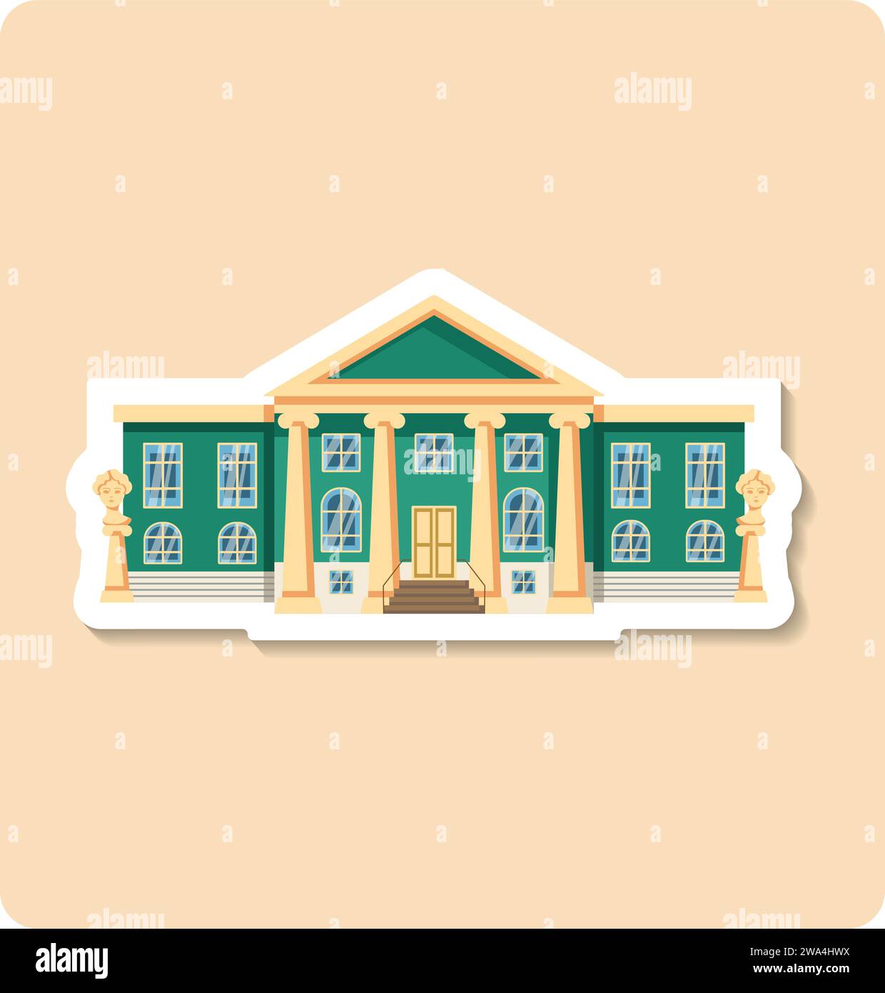 Museum sticker illustration. Building, column, window, door, statue ...