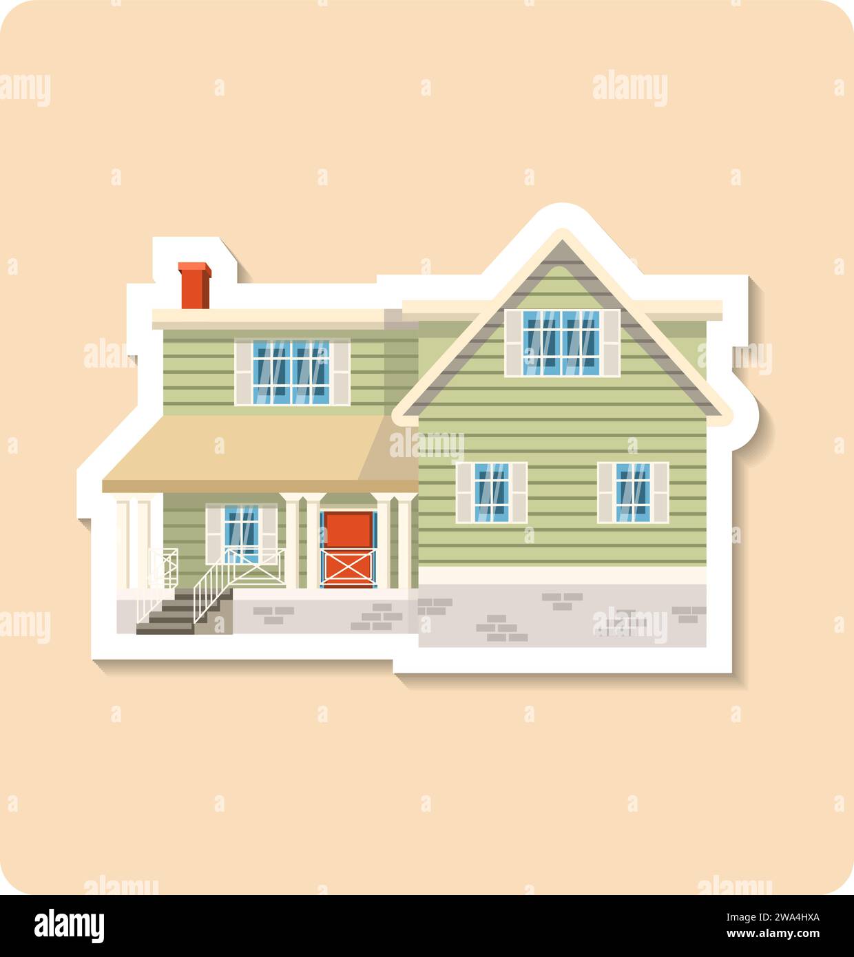 House sticker illustration. Building, roof, window, door, porch ...