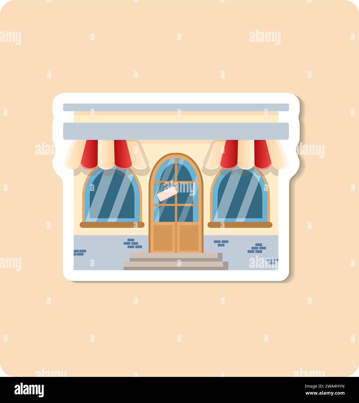 Shop sticker illustration. Building, window, door, roof, tree. Editable ...