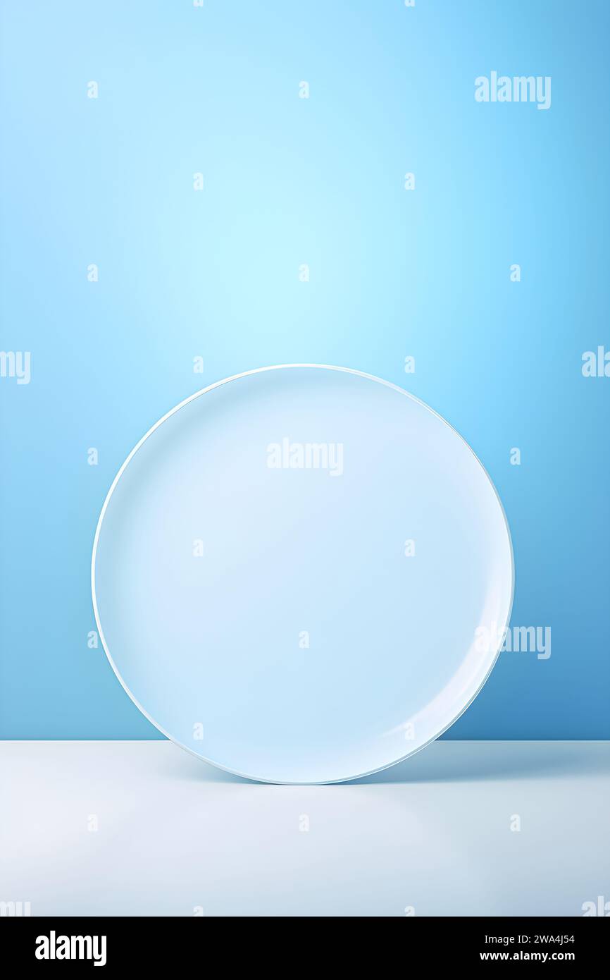 White round dish on kitchen table top in light blue wall background ...