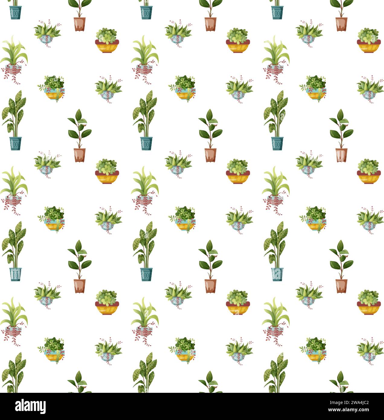 Seamless pattern. Houseplant plant growing in pots. Set of handmade ...