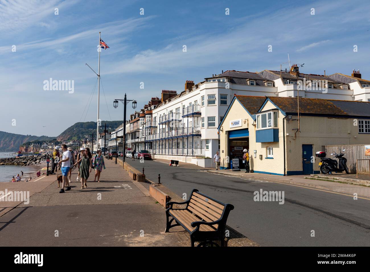 Sidmouth town centre and esplanade on hot September day, regency ...