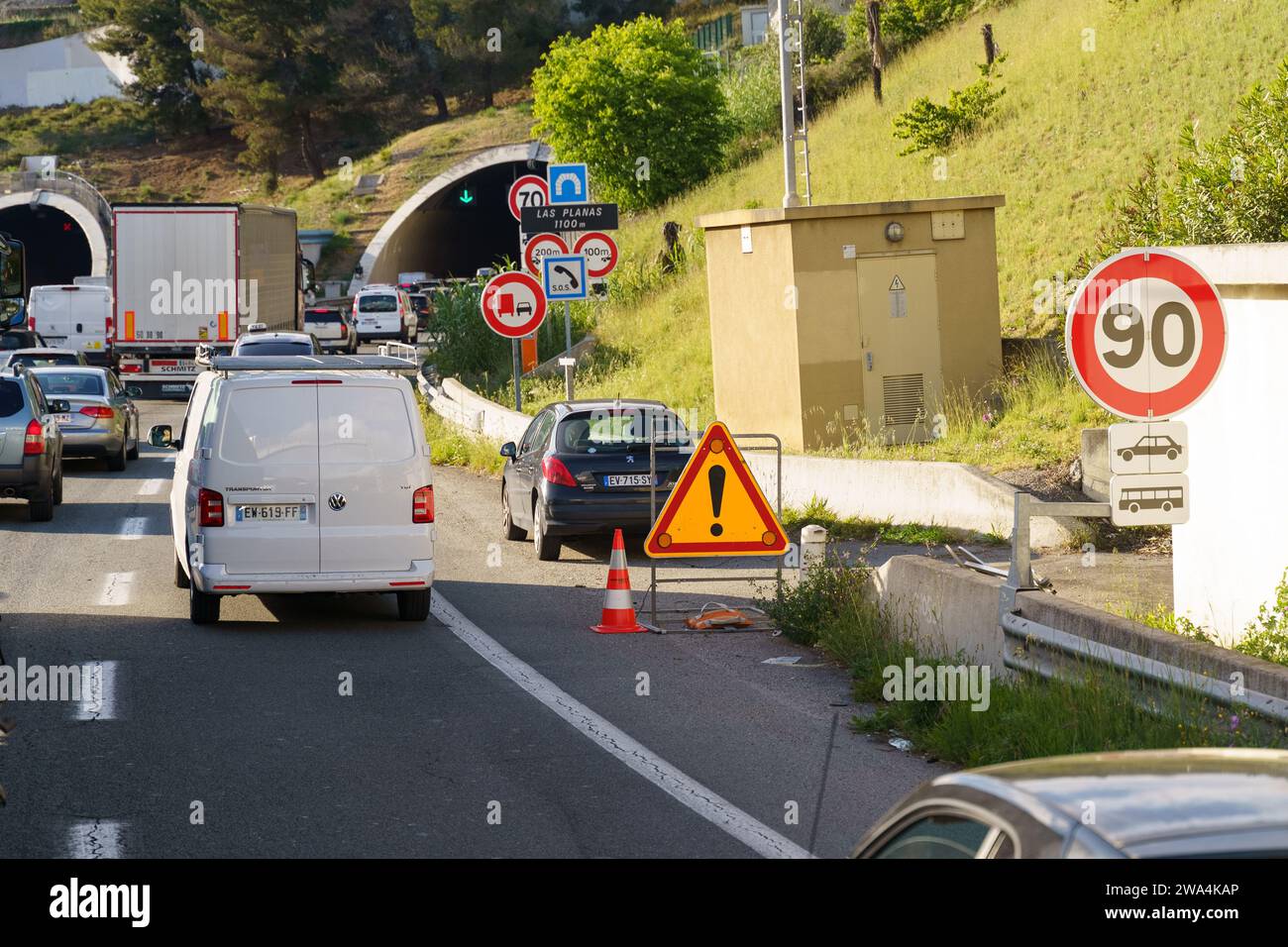 Nice, France - May 12, 2023: Car traffic jam before entering the tunnel ...