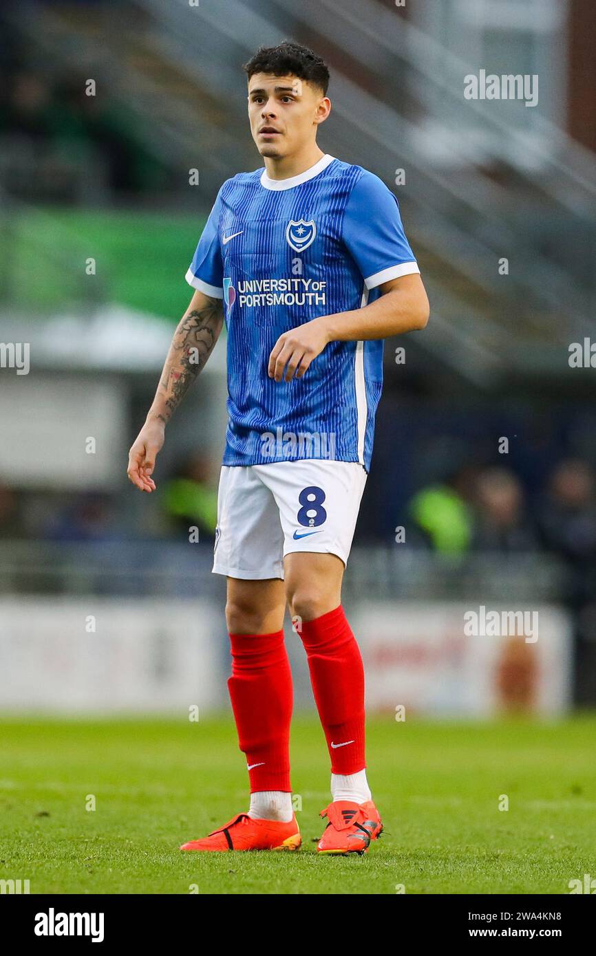 Portsmouth, UK. 01st Jan, 2024. Portsmouth midfielder Alex Robertson (8 ...