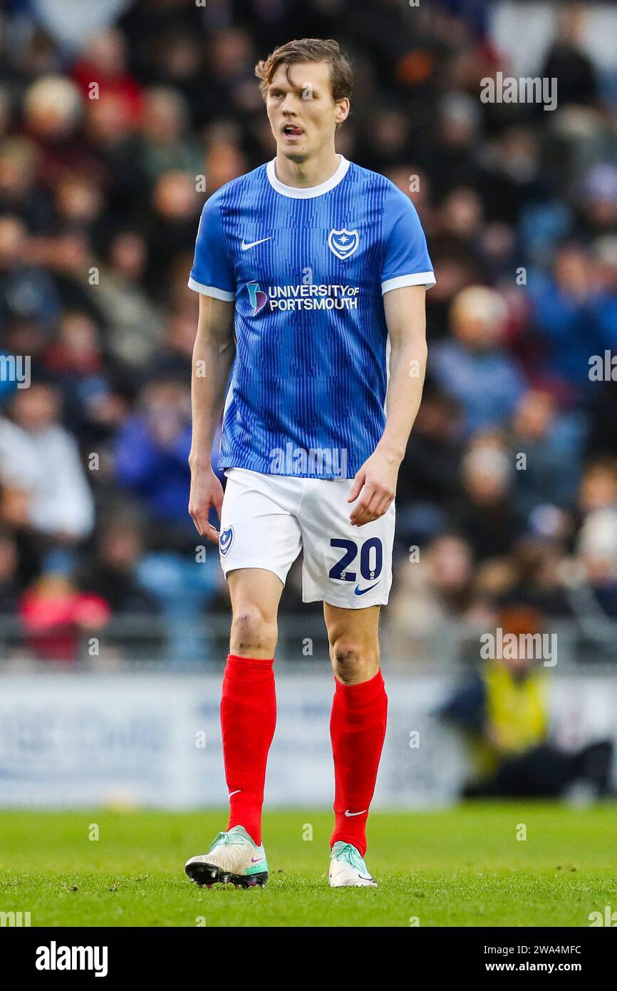 Portsmouth, UK. 01st Jan, 2024. Portsmouth defender Sean Raggett (20 ...