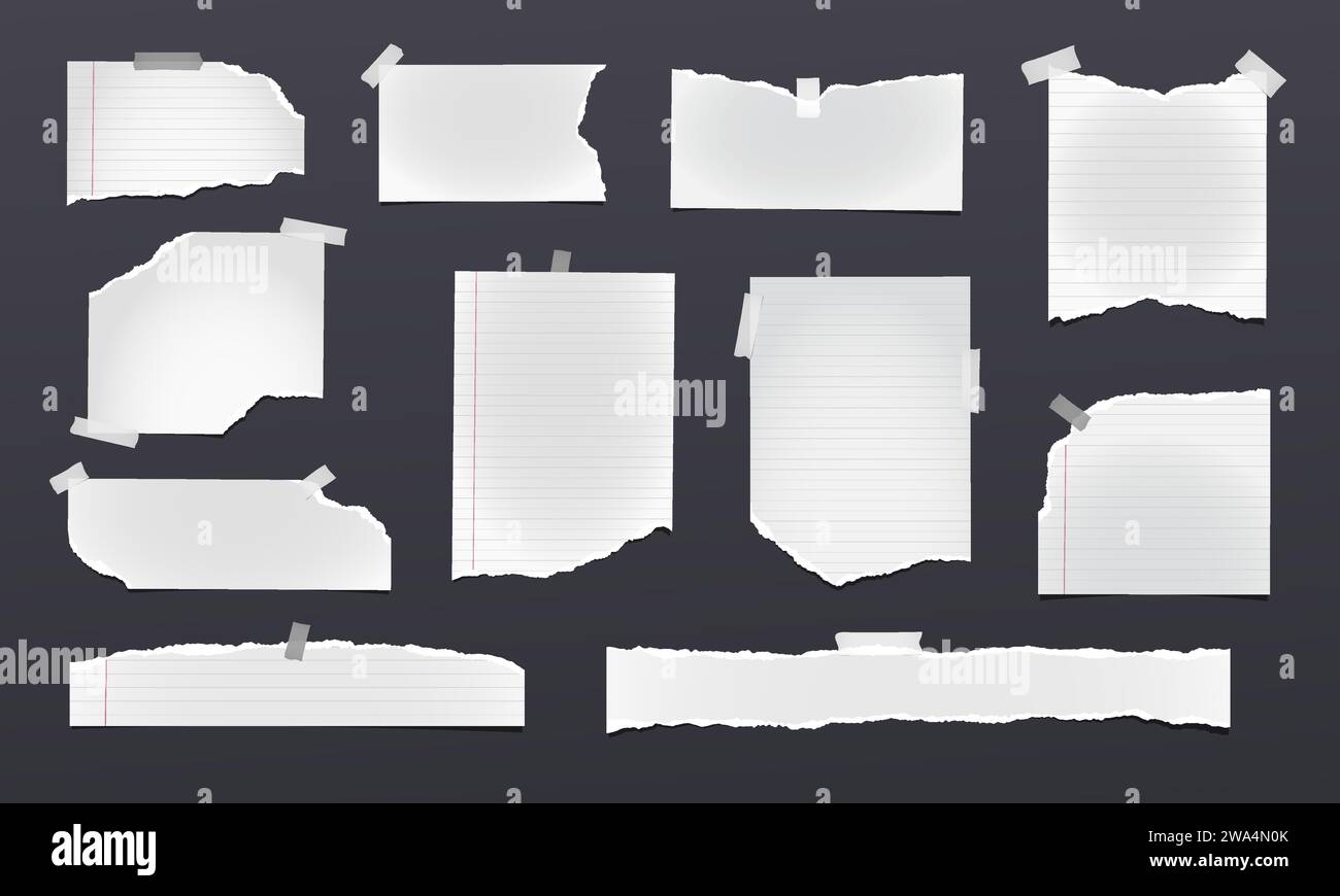 Set of torn, ripped white paper strips, lined notebook sheets with ...