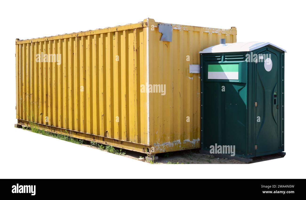 Barn on construction site made of metal cargo container. Isolated on ...