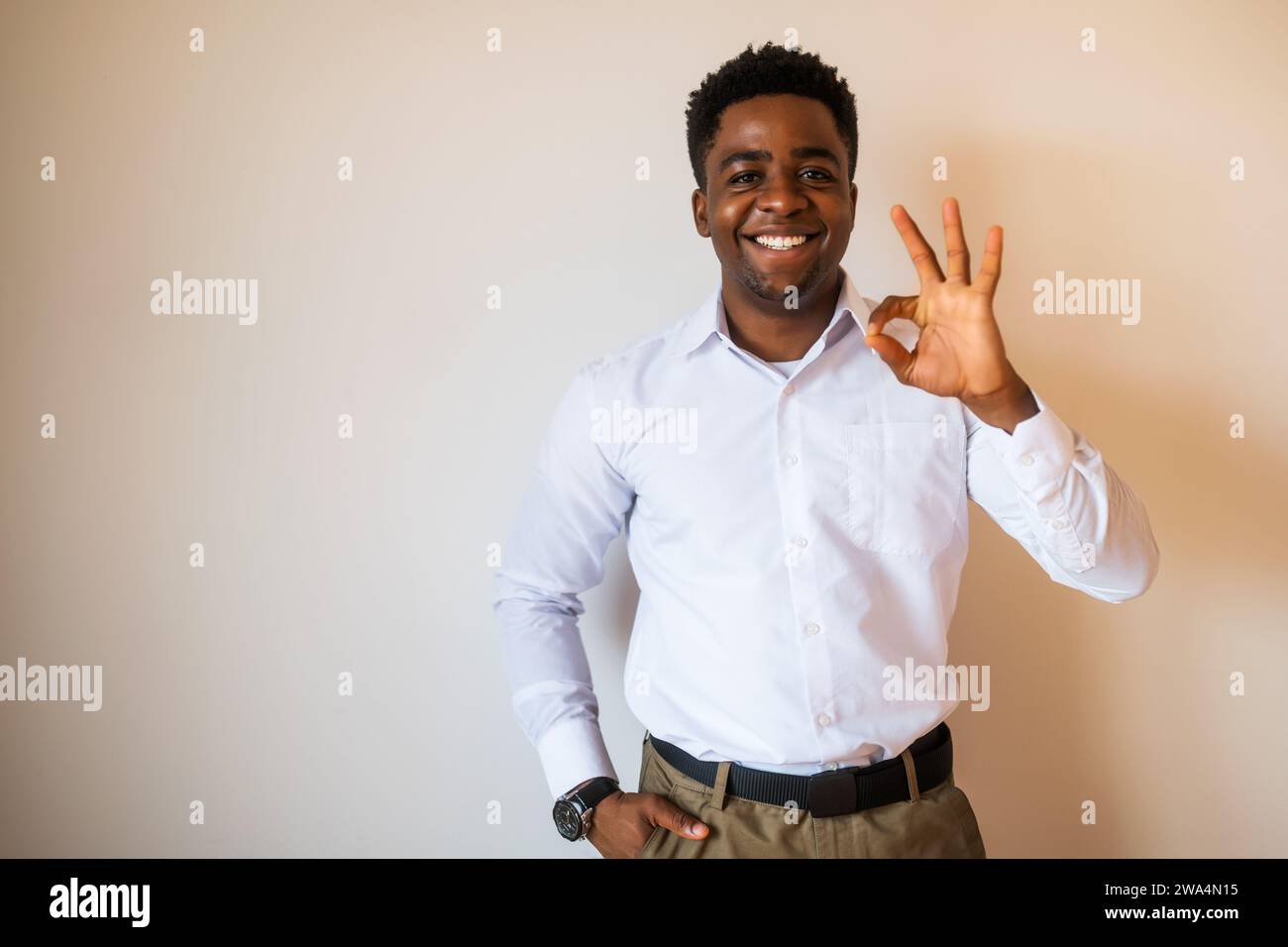 Portrait of happy man who is smiling and showing excellent sign. Copy ...