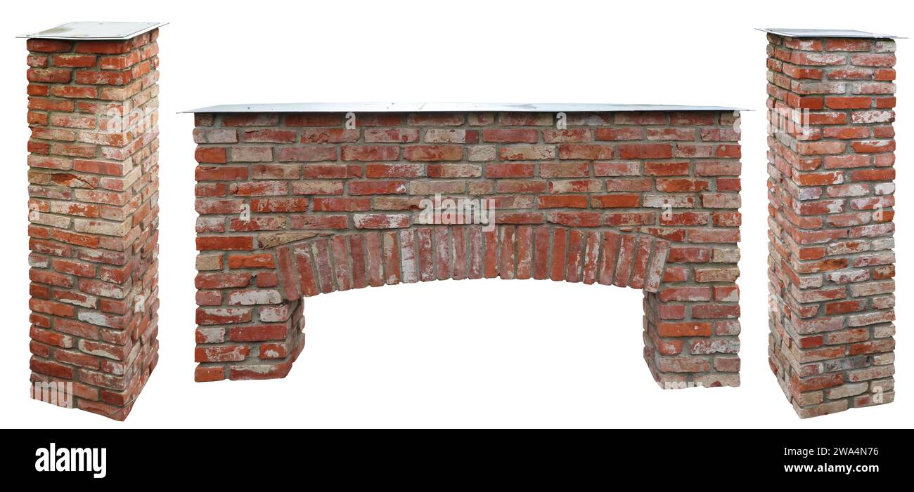 The arch and columns are made from old reclaimed red bricks. Isolated ...