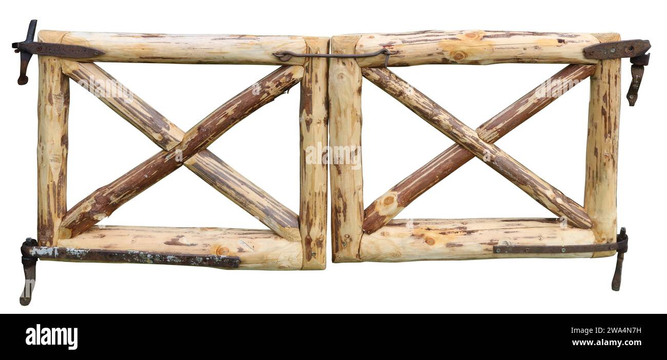 The gate to the village garden is made of pine logs. Isolated on white ...