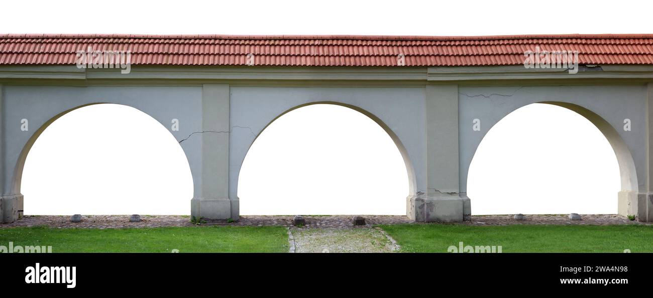 Wall with through arches and tiled roof. Isolated on white Stock Photo ...