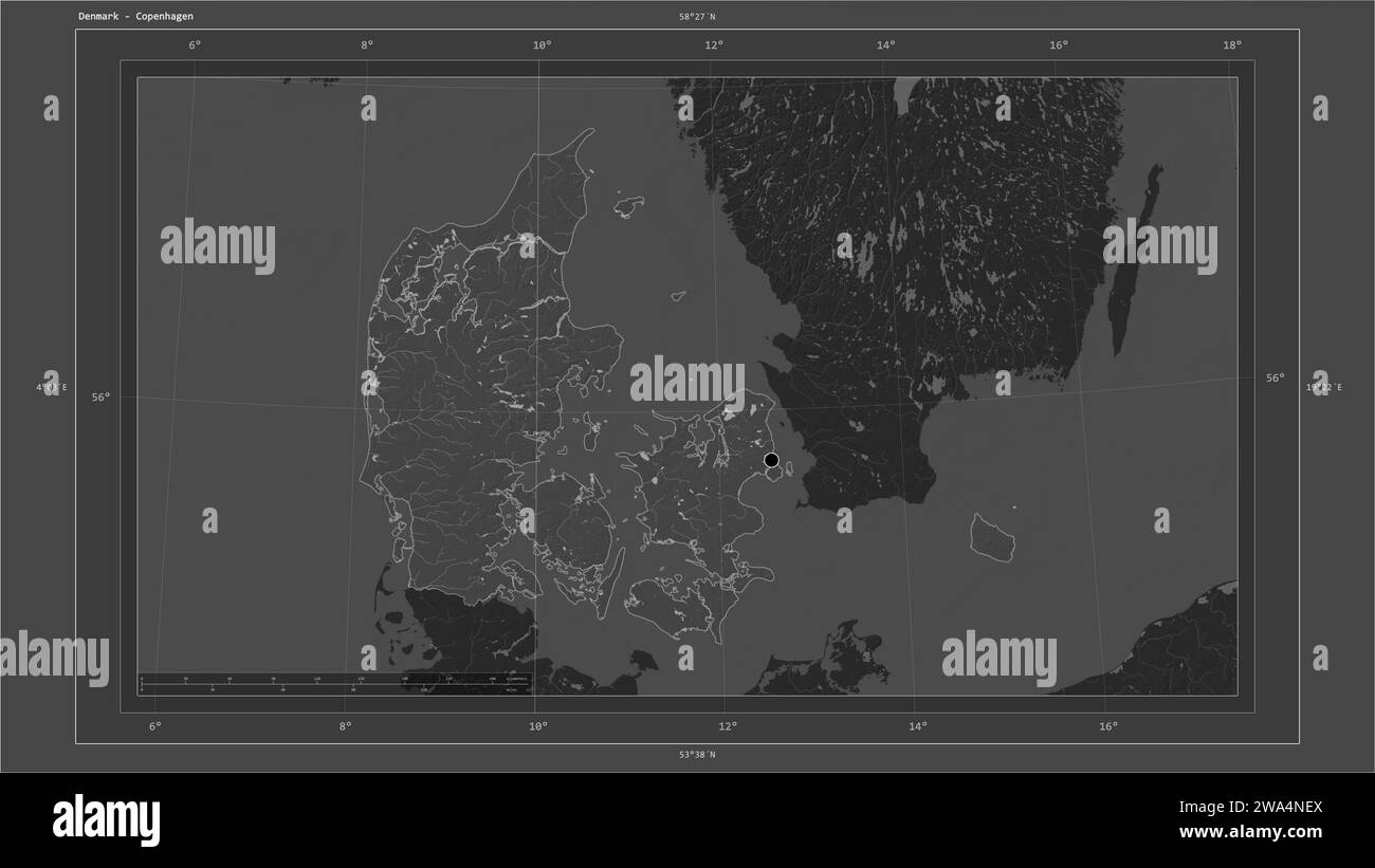 Denmark highlighted on a Bilevel elevation map with lakes and rivers map with the country's ...
