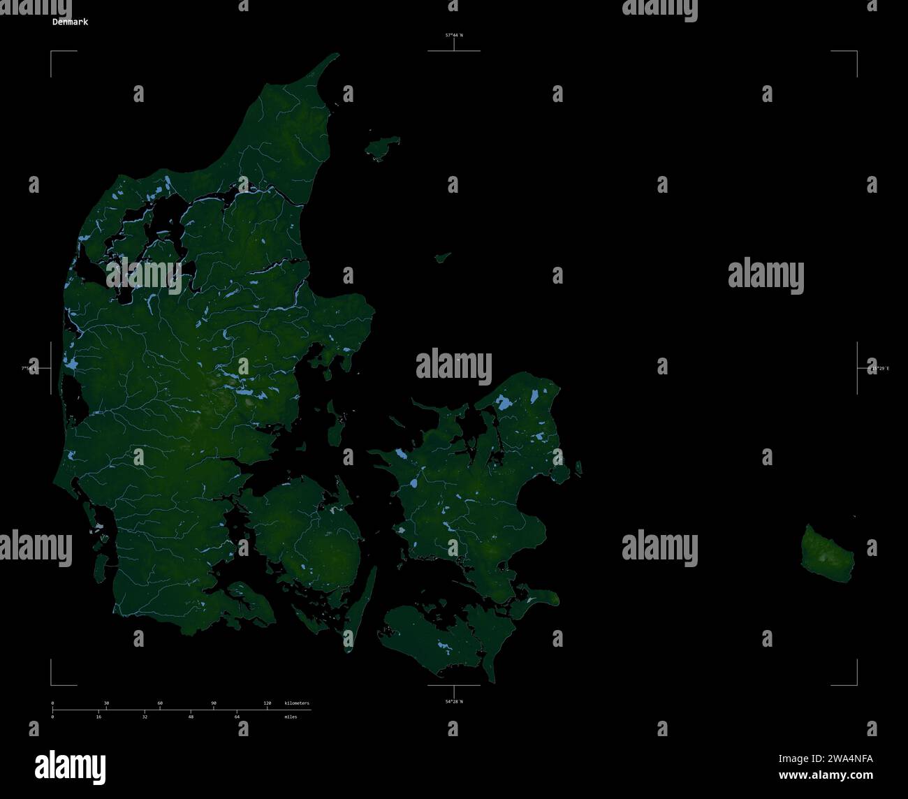 Shape of a Colored elevation map with lakes and rivers of the Denmark, with distance scale and ...