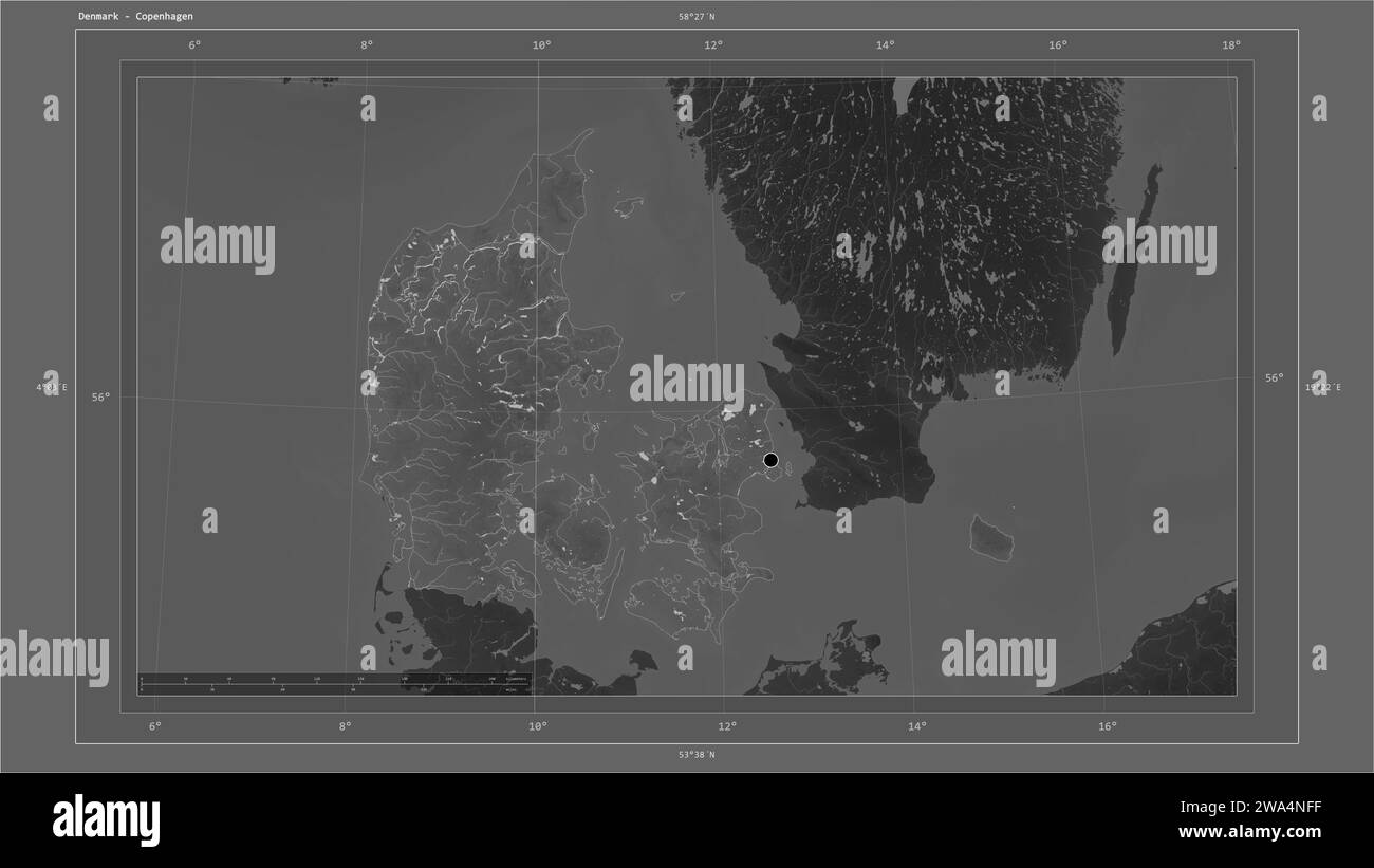 Denmark highlighted on a Grayscale elevation map with lakes and rivers map with the country's ...