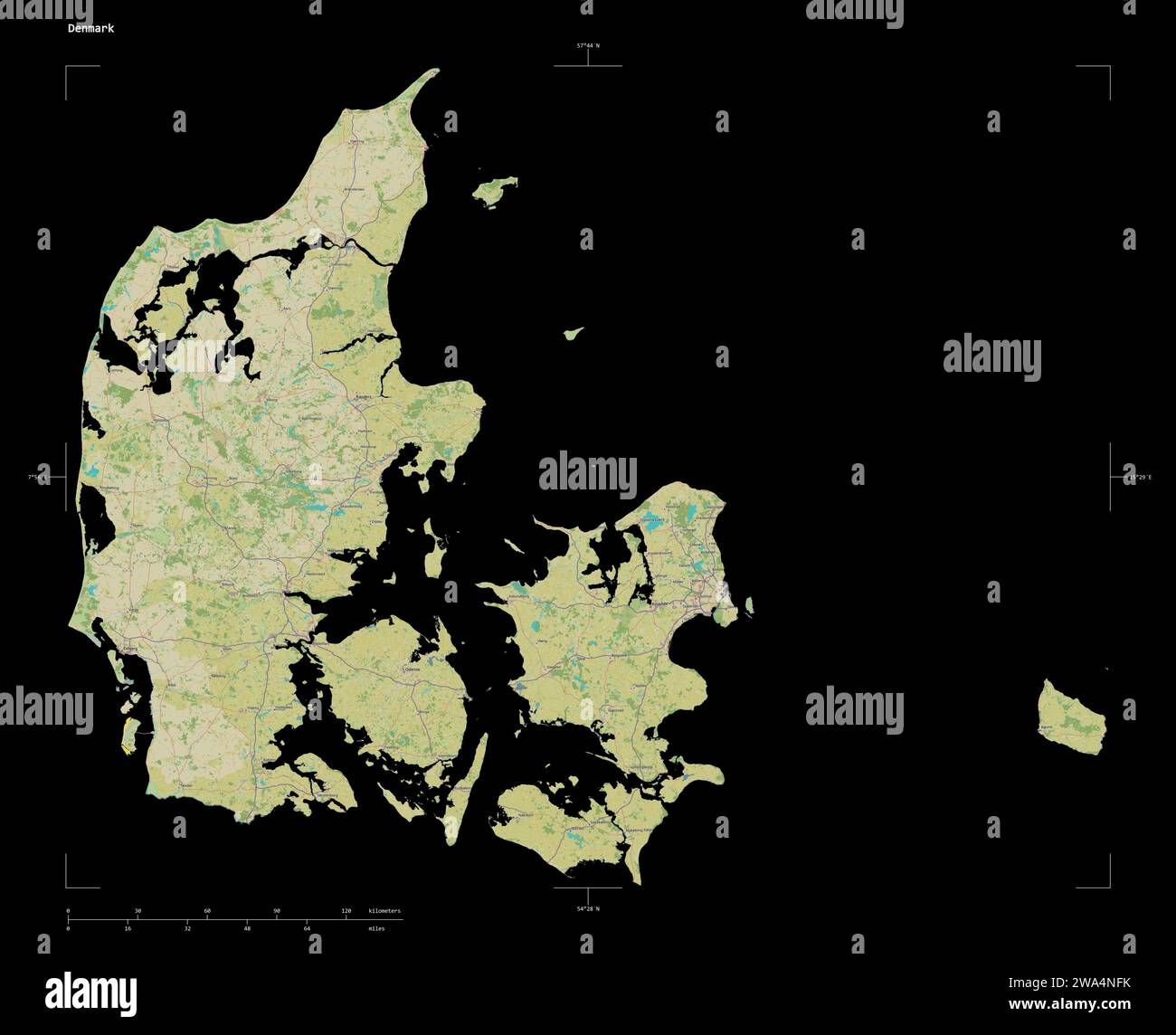 Shape of a topographic, OSM Humanitarian style map of the Denmark, with ...