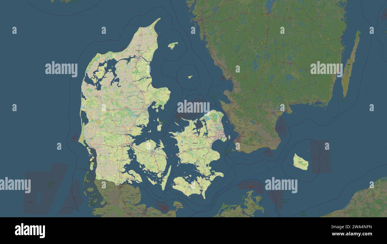 Denmark highlighted on a topographic, OSM standard style map Stock ...