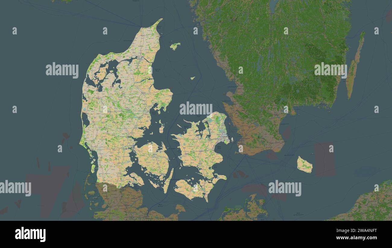 Denmark highlighted on a topographic, OSM France style map Stock Photo ...