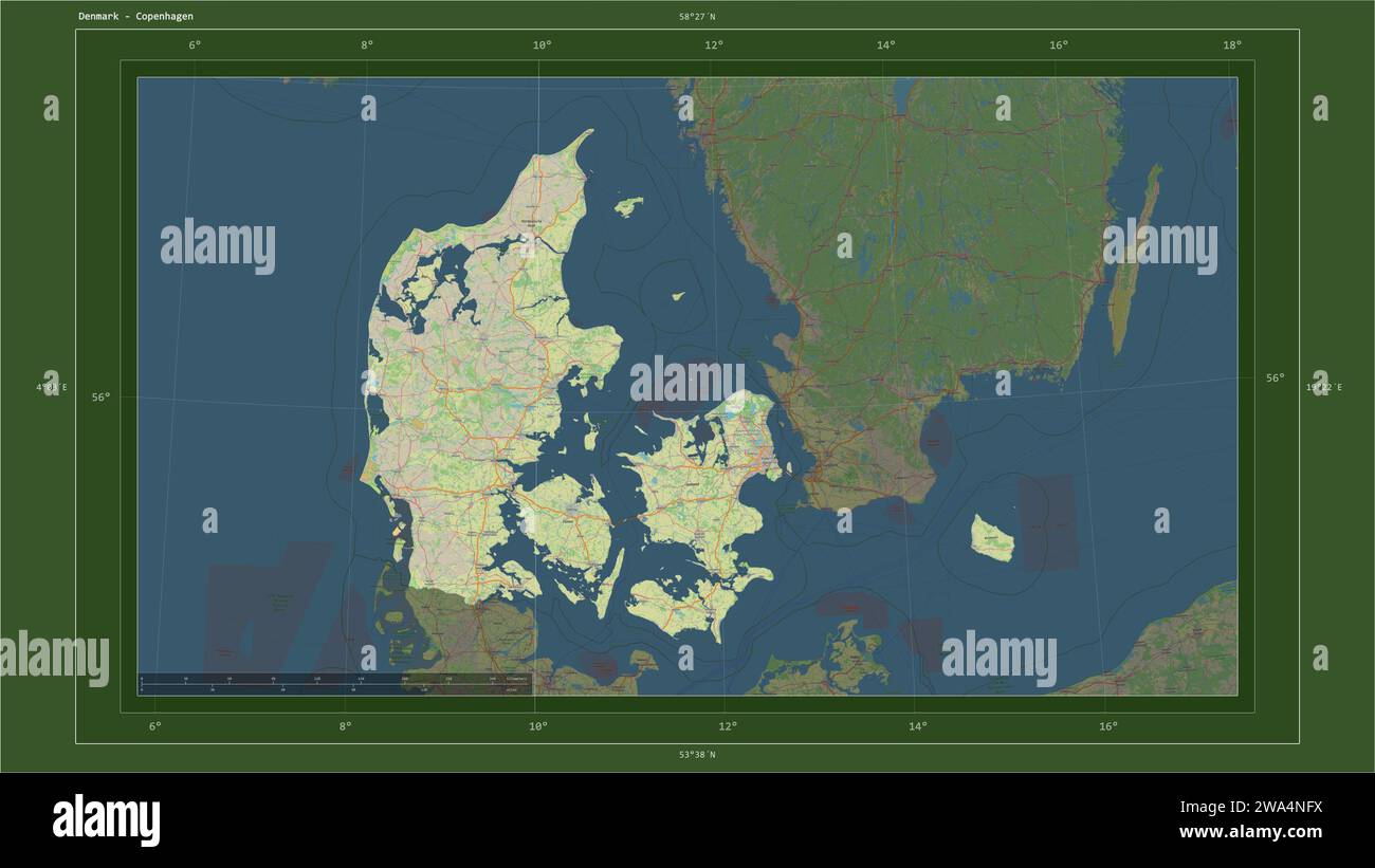 Denmark highlighted on a topographic, OSM Germany style map map with the country's capital point ...