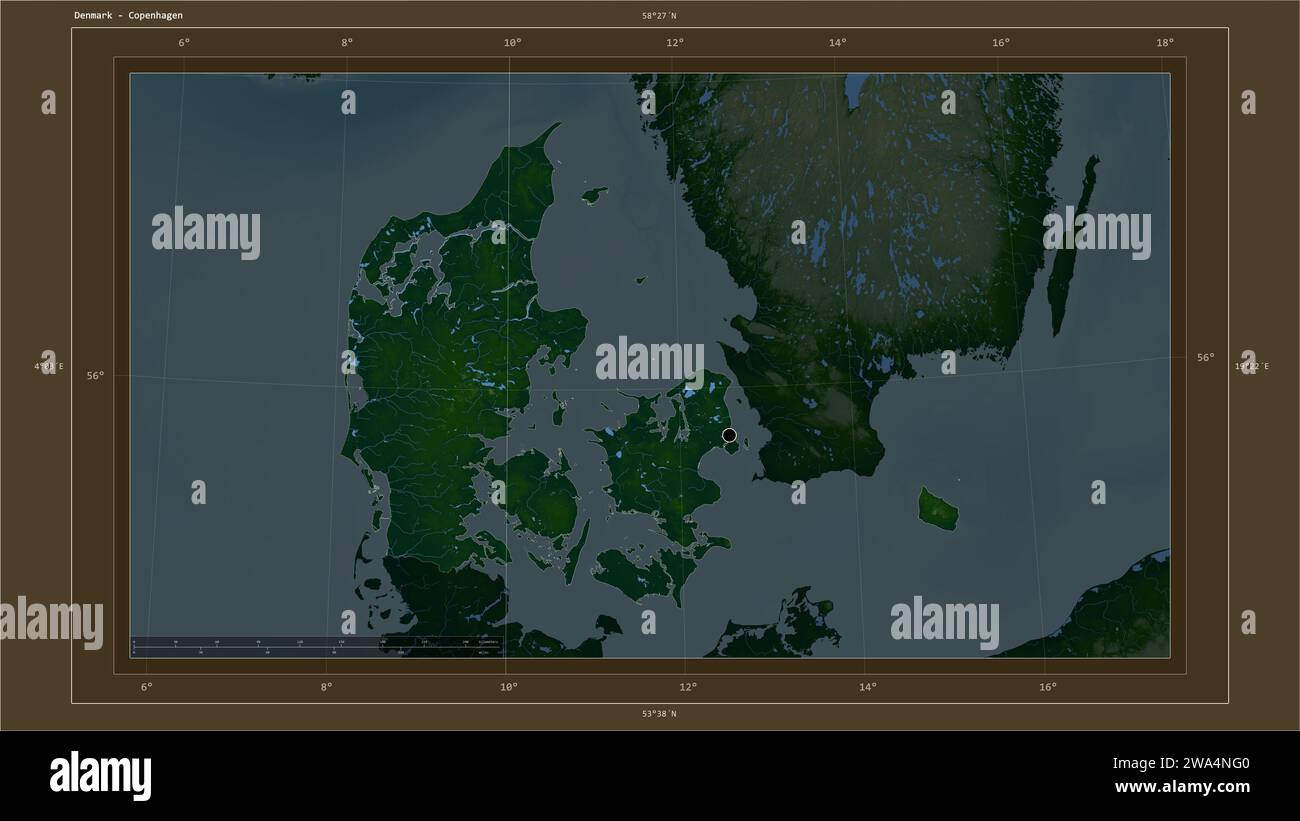 Denmark highlighted on a Colored elevation map with lakes and rivers ...