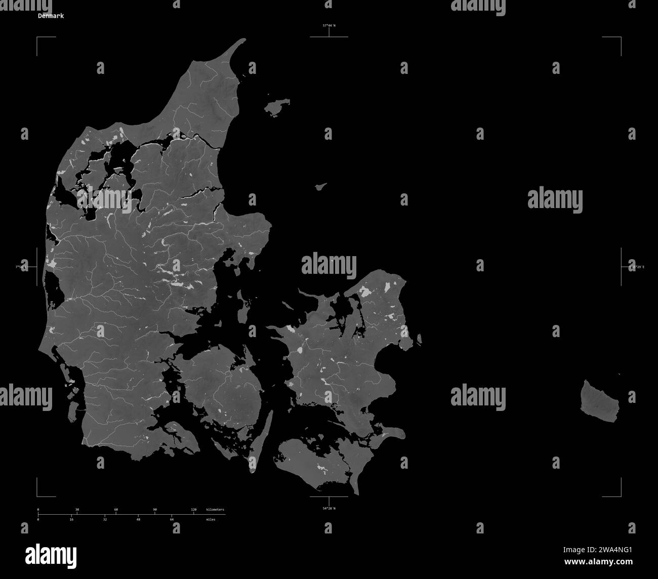 Shape of a Grayscale elevation map with lakes and rivers of the Denmark, with distance scale and ...