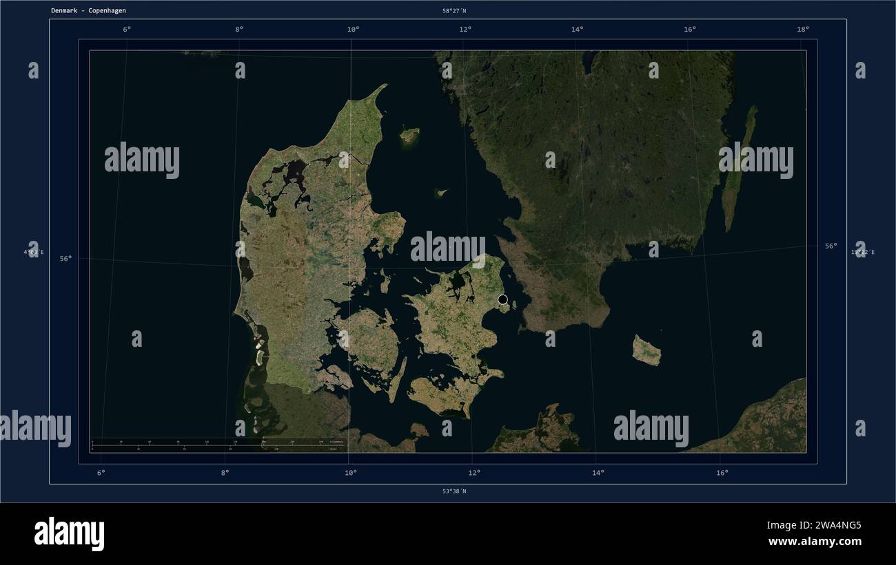 Denmark highlighted on a low resolution satellite map map with the country's capital point ...