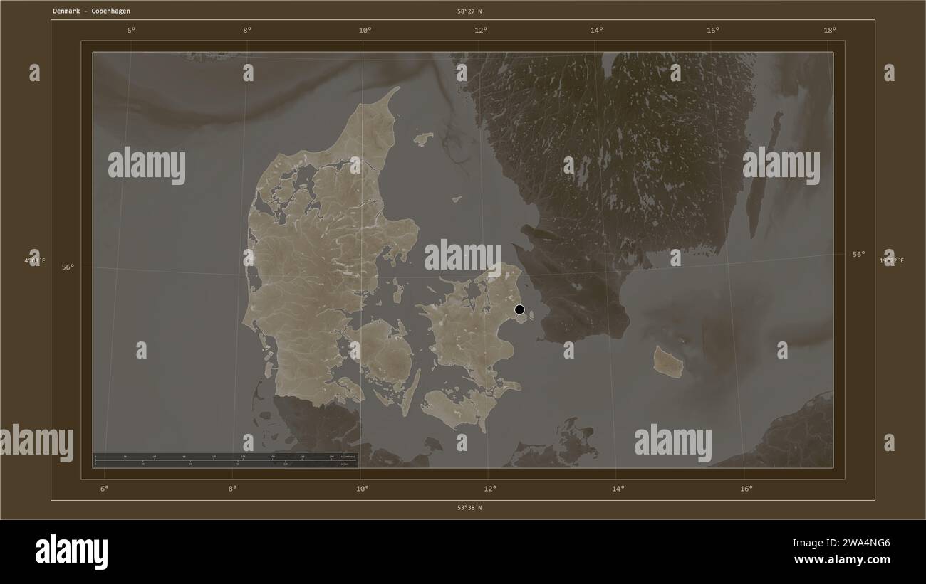 Denmark highlighted on a elevation map colored in sepia tones with ...