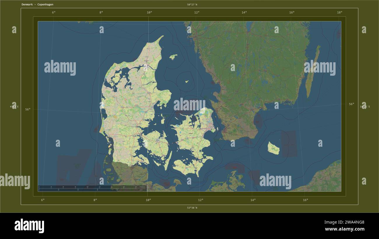 Denmark highlighted on a topographic, OSM standard style map map with ...
