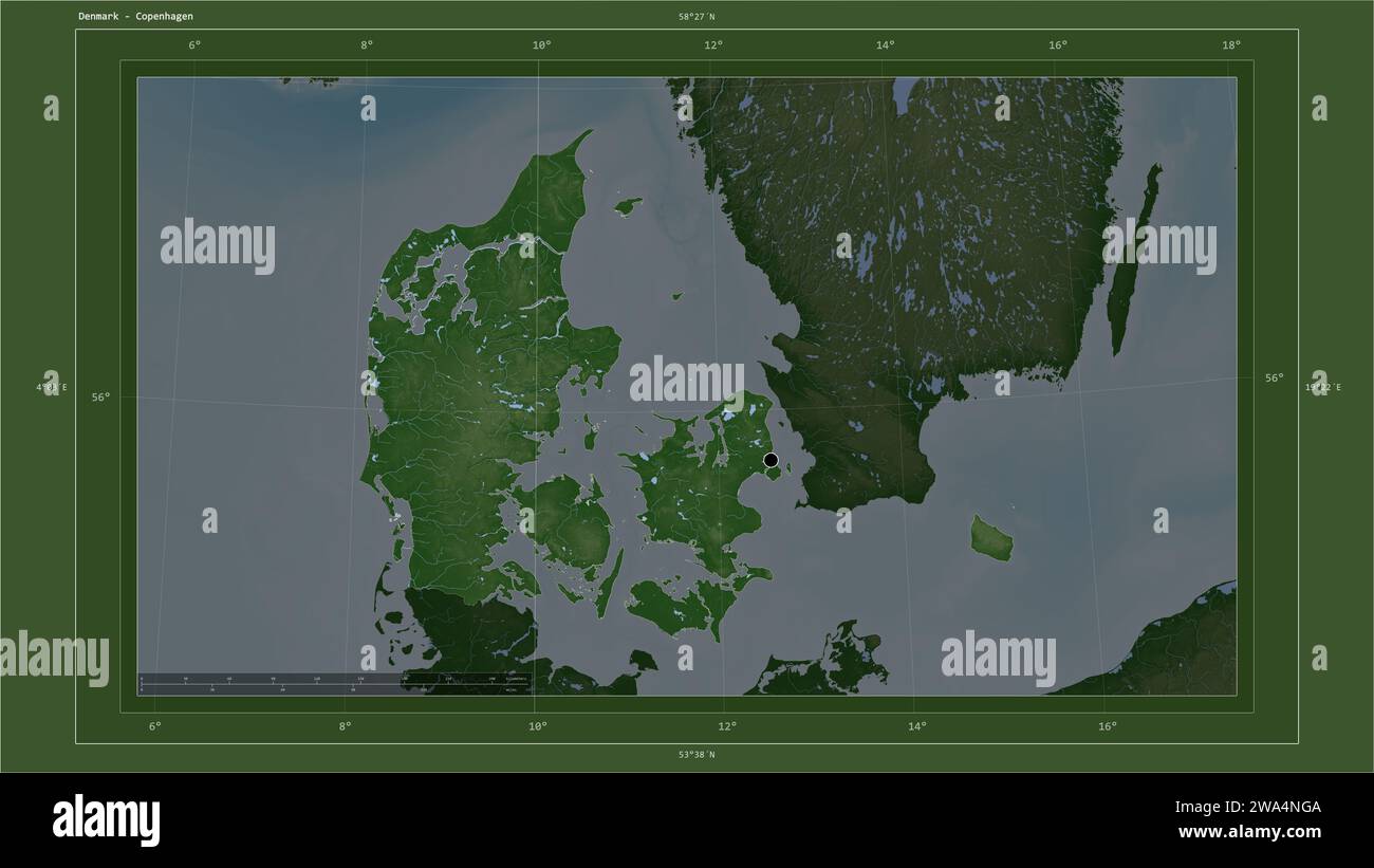 Denmark highlighted on a Pale colored elevation map with lakes and rivers map with the country's ...
