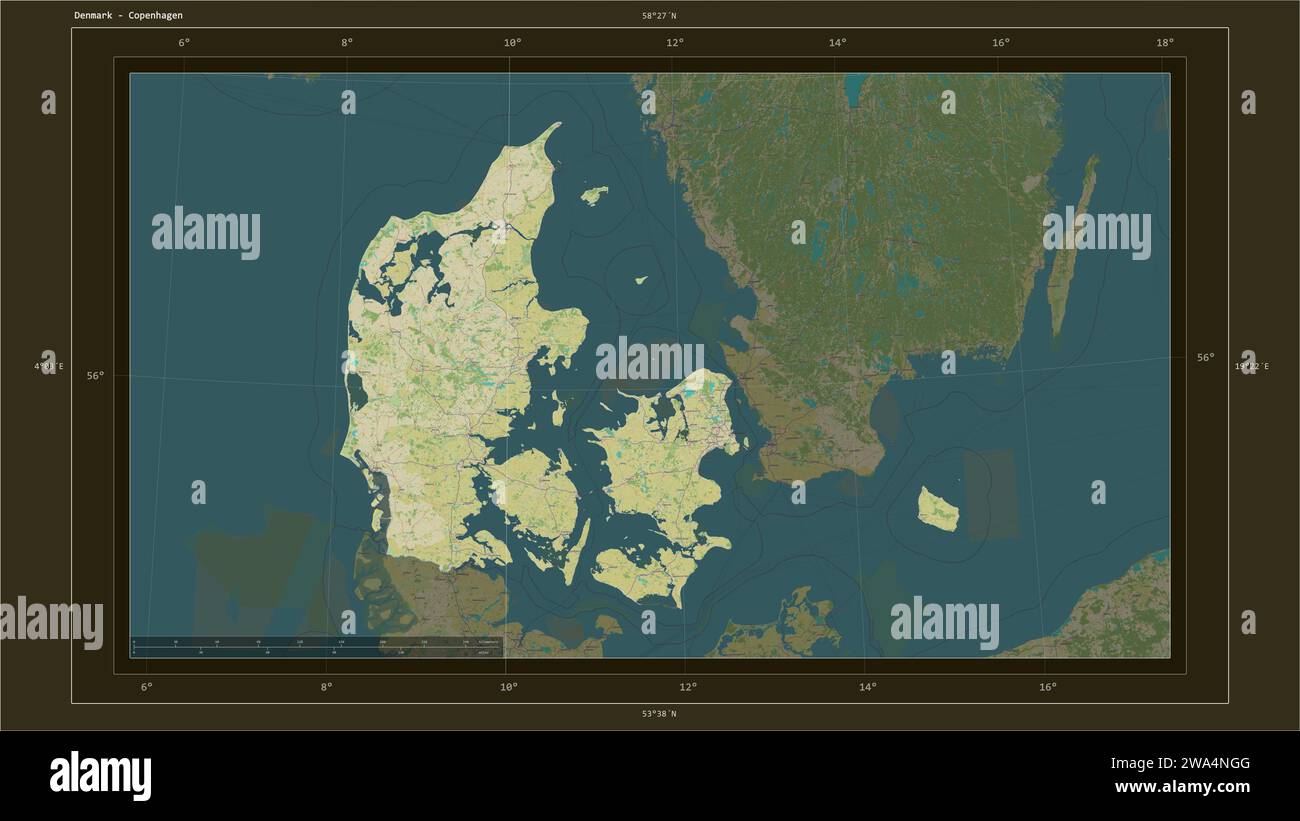 Denmark highlighted on a topographic, OSM Humanitarian style map map ...
