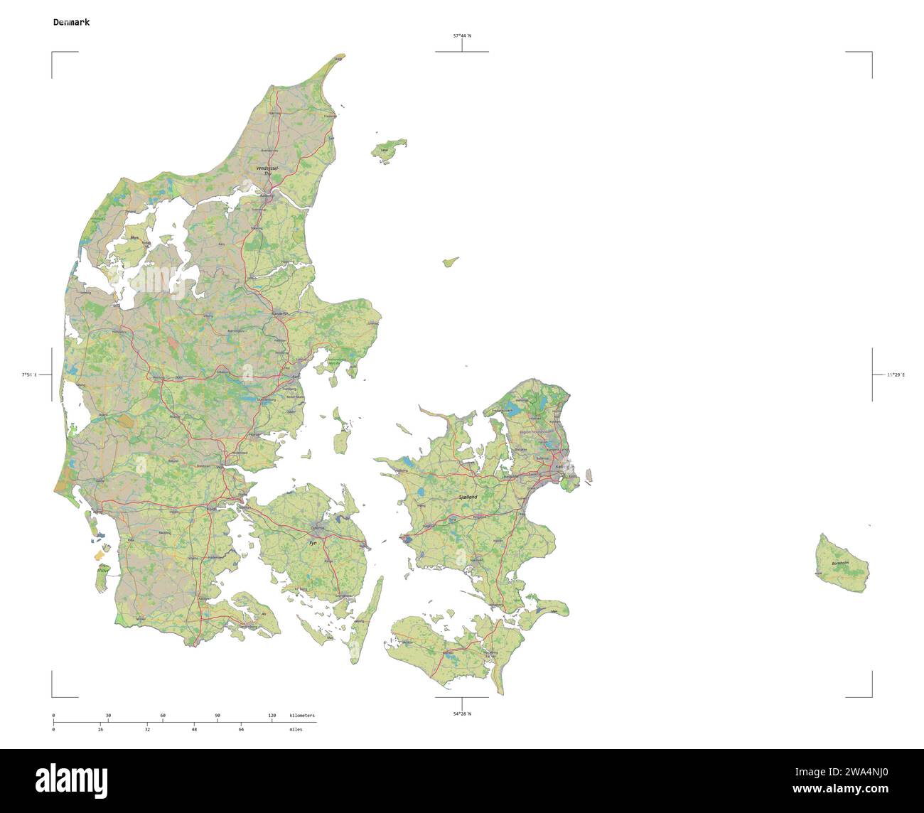 Shape of a topographic, OSM standard style map of the Denmark, with ...